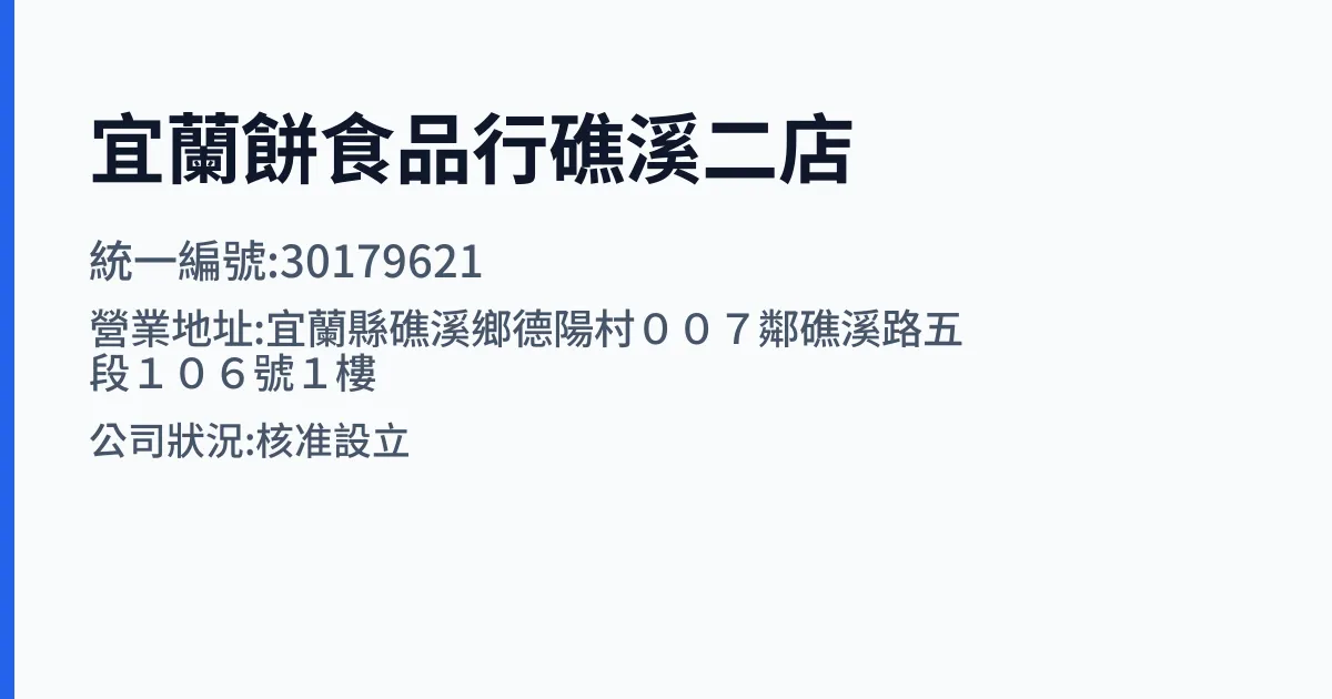 宜蘭餅食品行礁溪二店 - 統編 30179621(宜蘭縣) 公司登記資料與營業項目詳細圖表