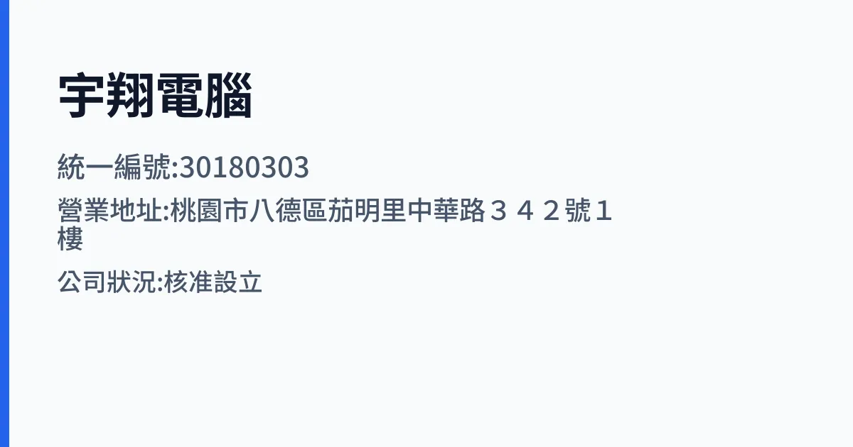 宇翔電腦 - 統編 30180303(桃園市) 公司登記資料與營業項目詳細圖表