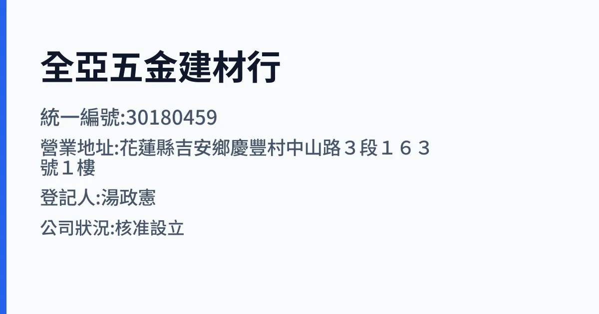 全亞五金建材行 - 統編 30180459(花蓮縣) 公司登記資料與營業項目詳細圖表