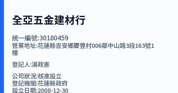 全亞五金建材行的照片-統編 30180459(花蓮縣) 公司登記資料與營業項目詳細圖表