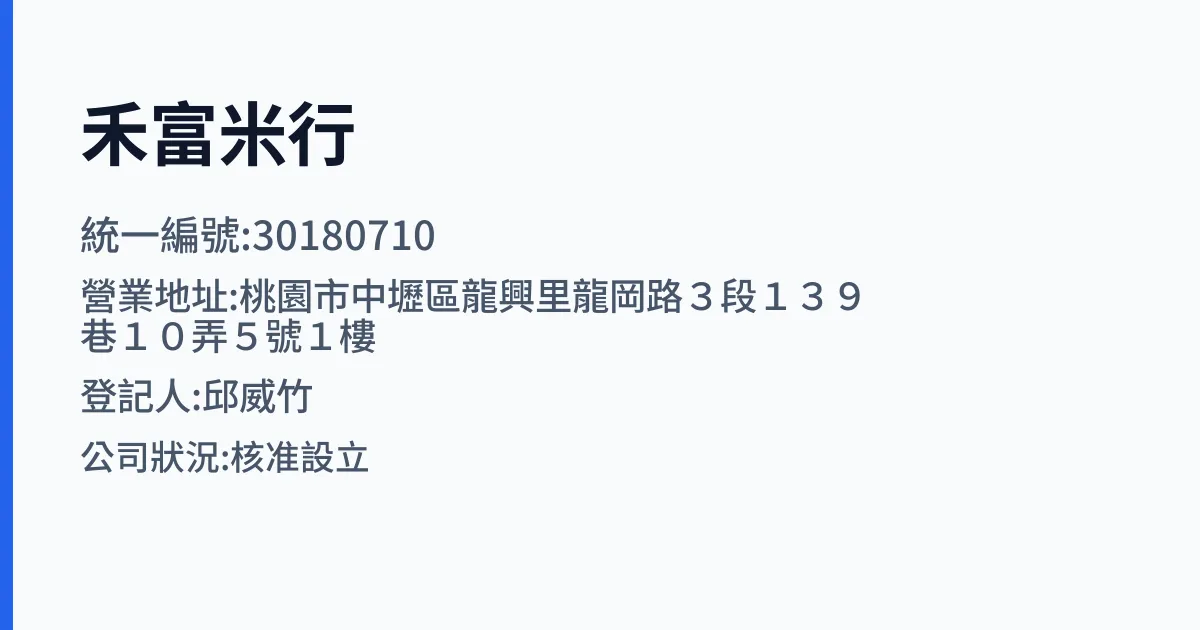 禾富米行 - 統編 30180710(桃園市) 公司登記資料與營業項目詳細圖表