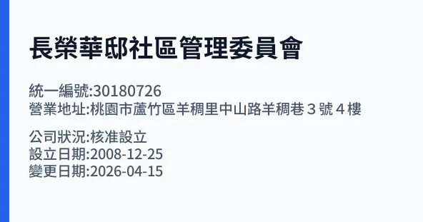 長榮華邸社區管理委員會的照片-統編 30180726(桃園市) 公司登記資料與營業項目詳細圖表