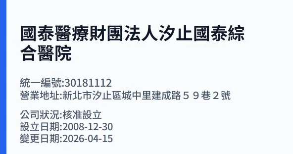 國泰醫療財團法人汐止國泰綜合醫院的照片-統編 30181112(新北市) 公司登記資料與營業項目詳細圖表