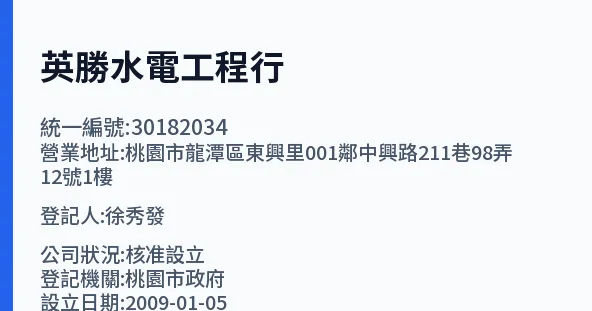 英勝水電工程行的照片-統編 30182034(桃園市) 公司登記資料與營業項目詳細圖表