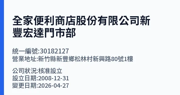 全家便利商店股份有限公司新豐宏達門市部的照片-統編 30182127(新竹縣) 公司登記資料與營業項目詳細圖表