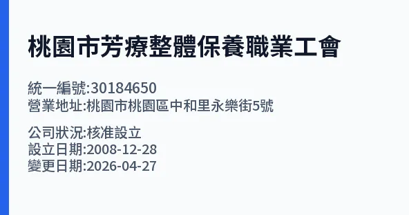 桃園市芳療整體保養職業工會的照片-統編 30184650(桃園市) 公司登記資料與營業項目詳細圖表