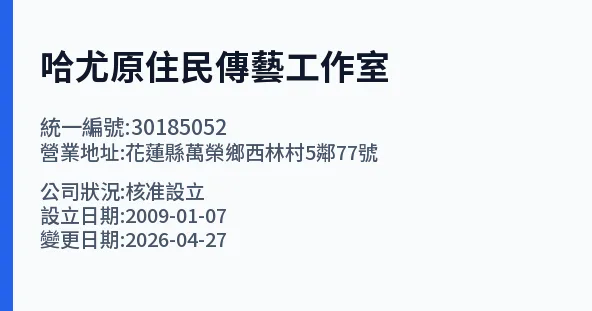 哈尤原住民傳藝工作室的照片-統編 30185052(花蓮縣) 公司登記資料與營業項目詳細圖表