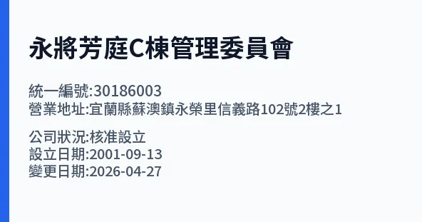 永將芳庭C棟管理委員會的照片-統編 30186003(宜蘭縣) 公司登記資料與營業項目詳細圖表