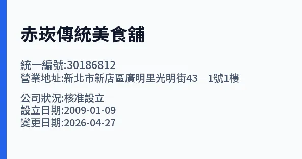 赤崁傳統美食舖的照片-統編 30186812(新北市) 公司登記資料與營業項目詳細圖表