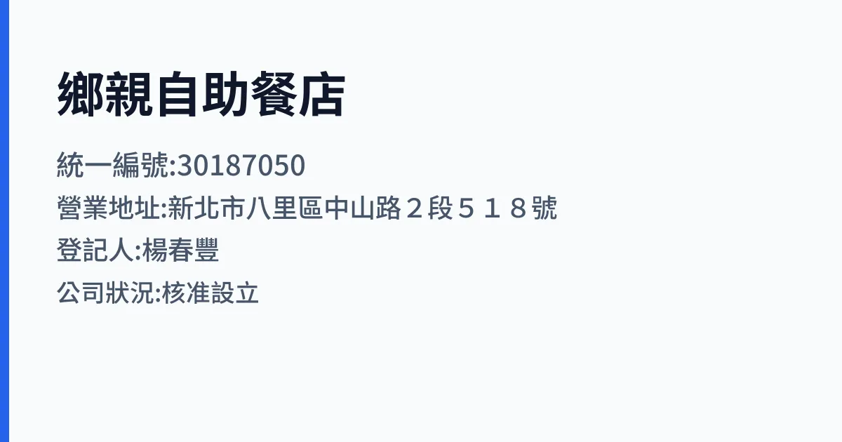 鄉親自助餐店 - 統編 30187050(新北市) 公司登記資料與營業項目詳細圖表