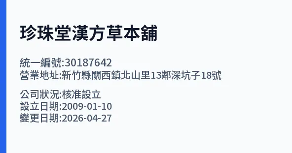 珍珠堂漢方草本舖的照片-統編 30187642(新竹縣) 公司登記資料與營業項目詳細圖表