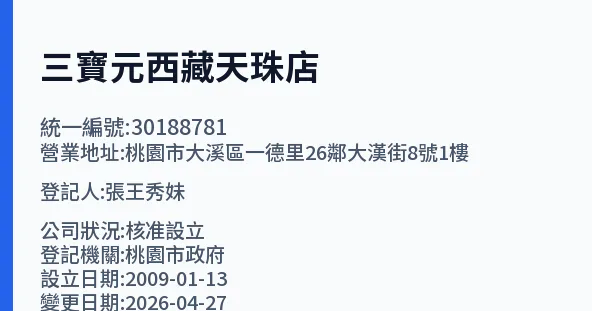 三寶元西藏天珠店的照片-統編 30188781(桃園市) 公司登記資料與營業項目詳細圖表