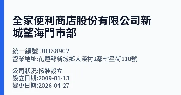 全家便利商店股份有限公司新城望海門市部的照片-統編 30188902(花蓮縣) 公司登記資料與營業項目詳細圖表