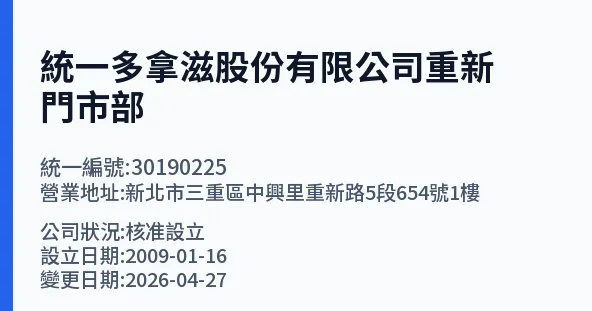 統一多拿滋股份有限公司重新門市部的照片-統編 30190225(新北市) 公司登記資料與營業項目詳細圖表