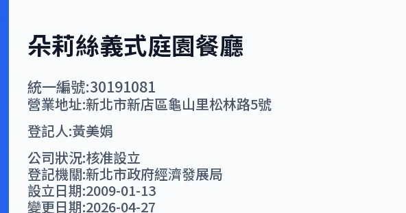 朵莉絲義式庭園餐廳的照片-統編 30191081(新北市) 公司登記資料與營業項目詳細圖表