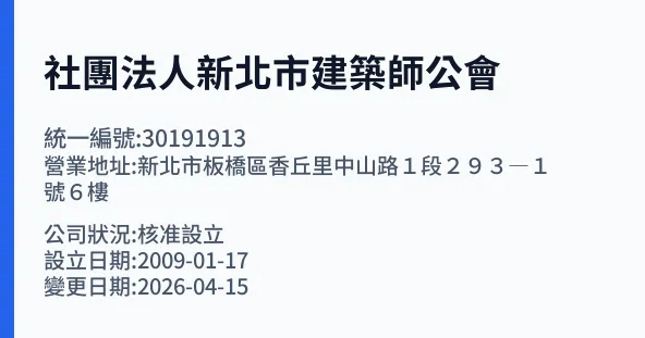 社團法人新北市建築師公會的照片-統編 30191913(新北市) 公司登記資料與營業項目詳細圖表