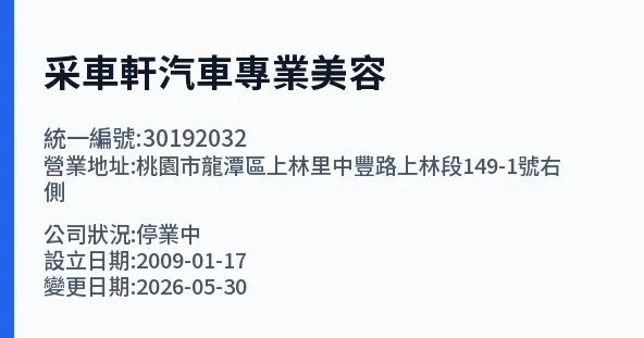 采車軒汽車專業美容的照片-統編 30192032(桃園市) 公司登記資料與營業項目詳細圖表