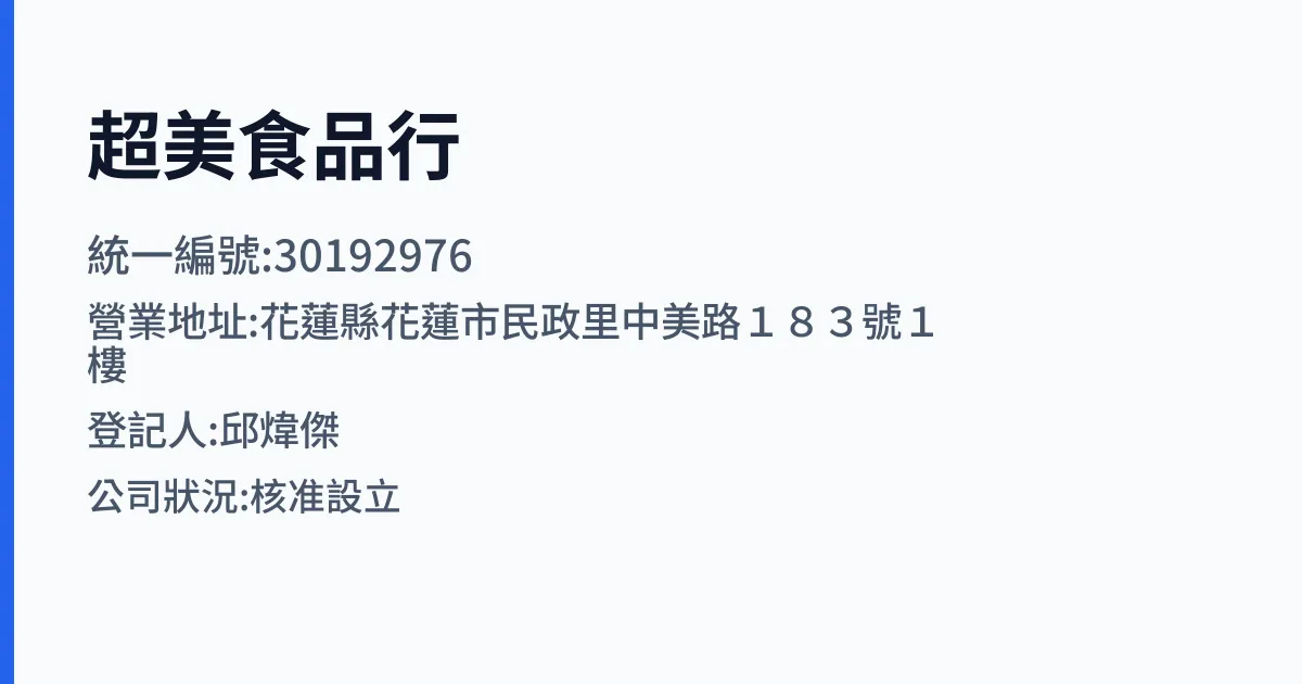 超美食品行 - 統編 30192976(花蓮縣) 公司登記資料與營業項目詳細圖表