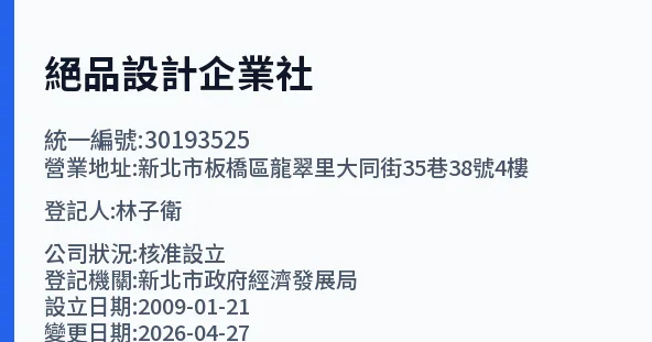 絕品設計企業社的照片-統編 30193525(新北市) 公司登記資料與營業項目詳細圖表