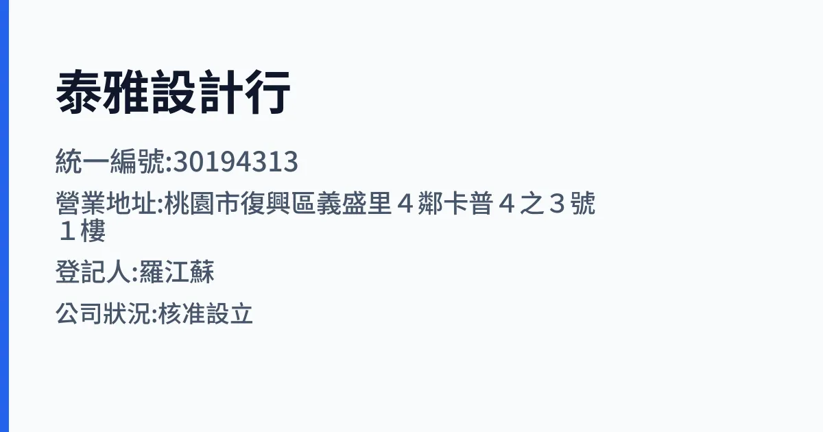 泰雅設計行 - 統編 30194313（桃園市） 公司登記資料與營業項目詳細圖表