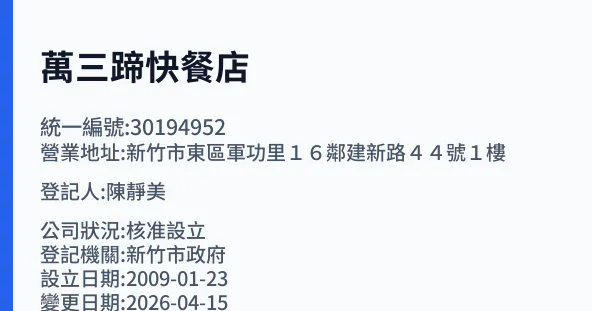 萬三蹄快餐店的照片-統編 30194952(新竹市) 公司登記資料與營業項目詳細圖表
