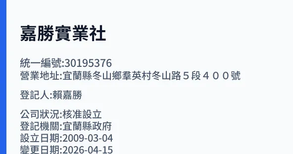嘉勝實業社的照片-統編 30195376(宜蘭縣) 公司登記資料與營業項目詳細圖表