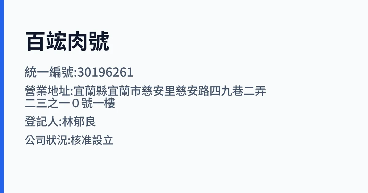 百竤肉號 - 統編 30196261(宜蘭縣) 公司登記資料與營業項目詳細圖表