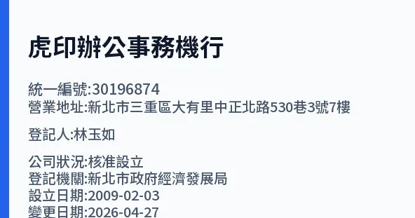 虎印辦公事務機行的照片-統編 30196874(新北市) 公司登記資料與營業項目詳細圖表