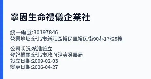 寧園生命禮儀企業社的照片-統編 30197846(新北市) 公司登記資料與營業項目詳細圖表