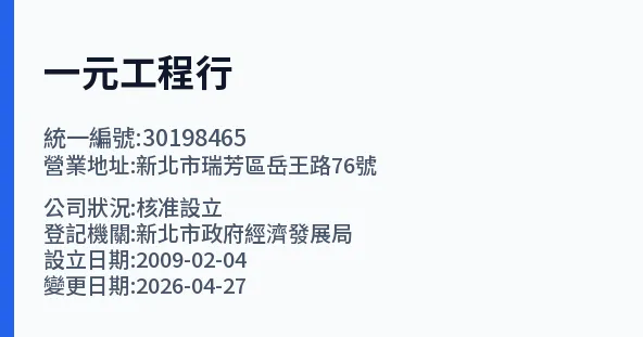 一元工程行的照片-統編 30198465(新北市) 公司登記資料與營業項目詳細圖表