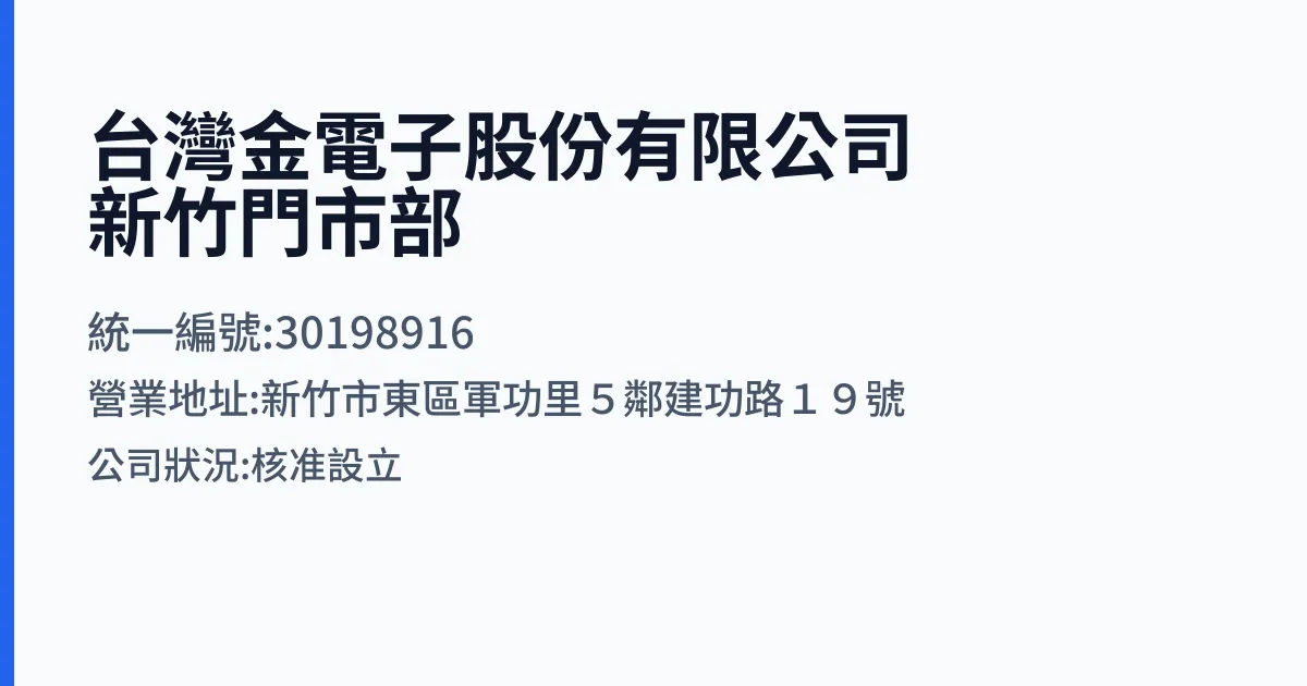 台灣金電子股份有限公司新竹門市部 - 統編 30198916(新竹市) 公司登記資料與營業項目詳細圖表