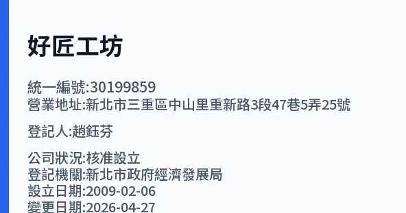 好匠工坊的照片-統編 30199859(新北市) 公司登記資料與營業項目詳細圖表