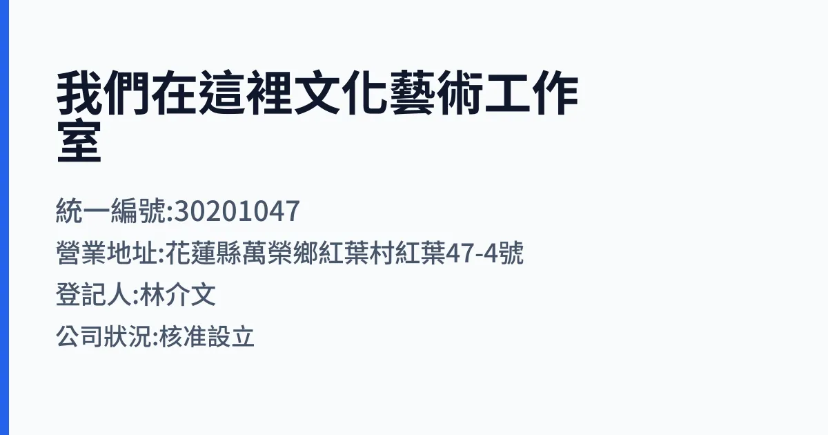 我們在這裡文化藝術工作室 - 統編 30201047(花蓮縣) 公司登記資料與營業項目詳細圖表