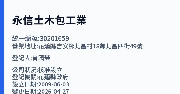 永信土木包工業的照片-統編 30201659(花蓮縣) 公司登記資料與營業項目詳細圖表