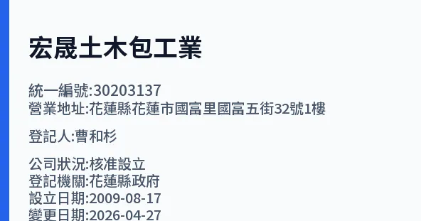 宏晟土木包工業的照片-統編 30203137(花蓮縣) 公司登記資料與營業項目詳細圖表