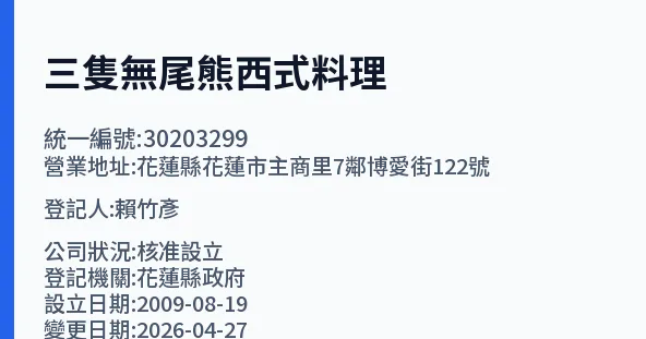 三隻無尾熊西式料理的照片-統編 30203299(花蓮縣) 公司登記資料與營業項目詳細圖表