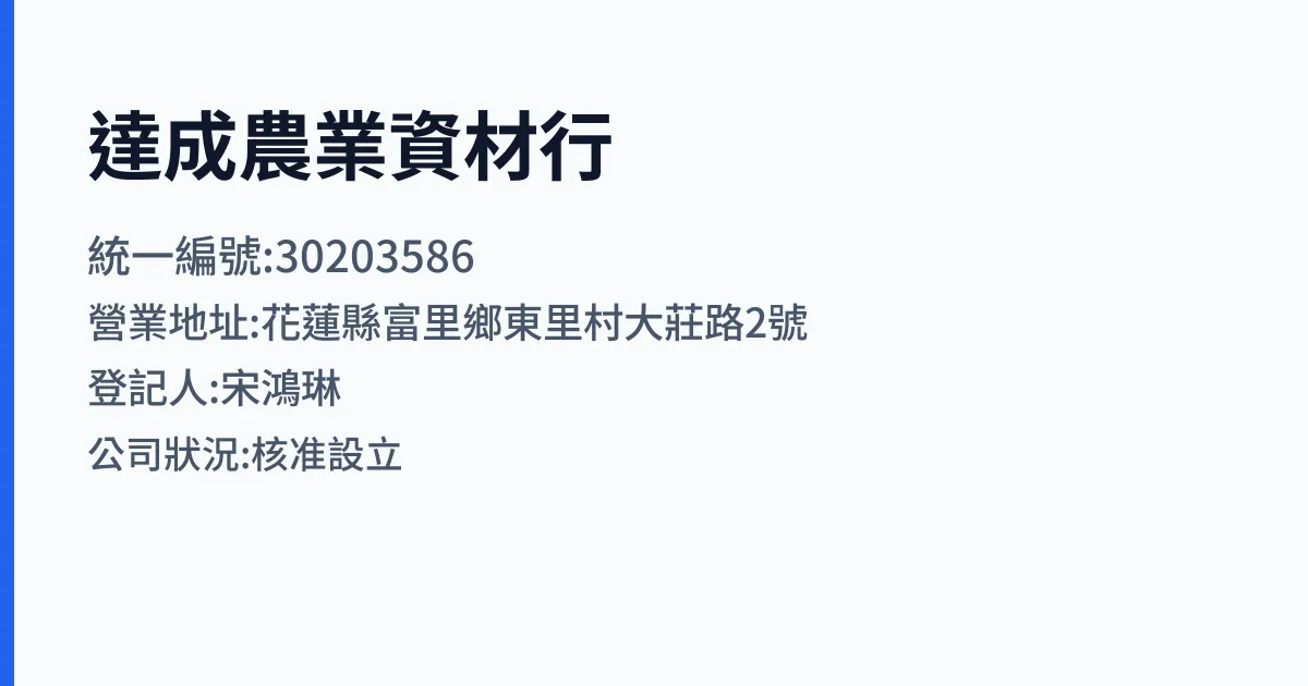 達成農業資材行 - 統編 30203586(花蓮縣) 公司登記資料與營業項目詳細圖表