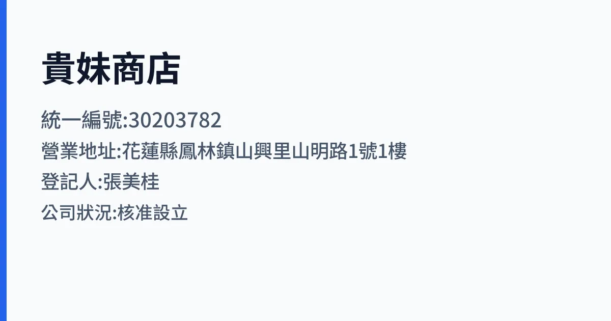 貴妹商店 - 統編 30203782(花蓮縣) 公司登記資料與營業項目詳細圖表