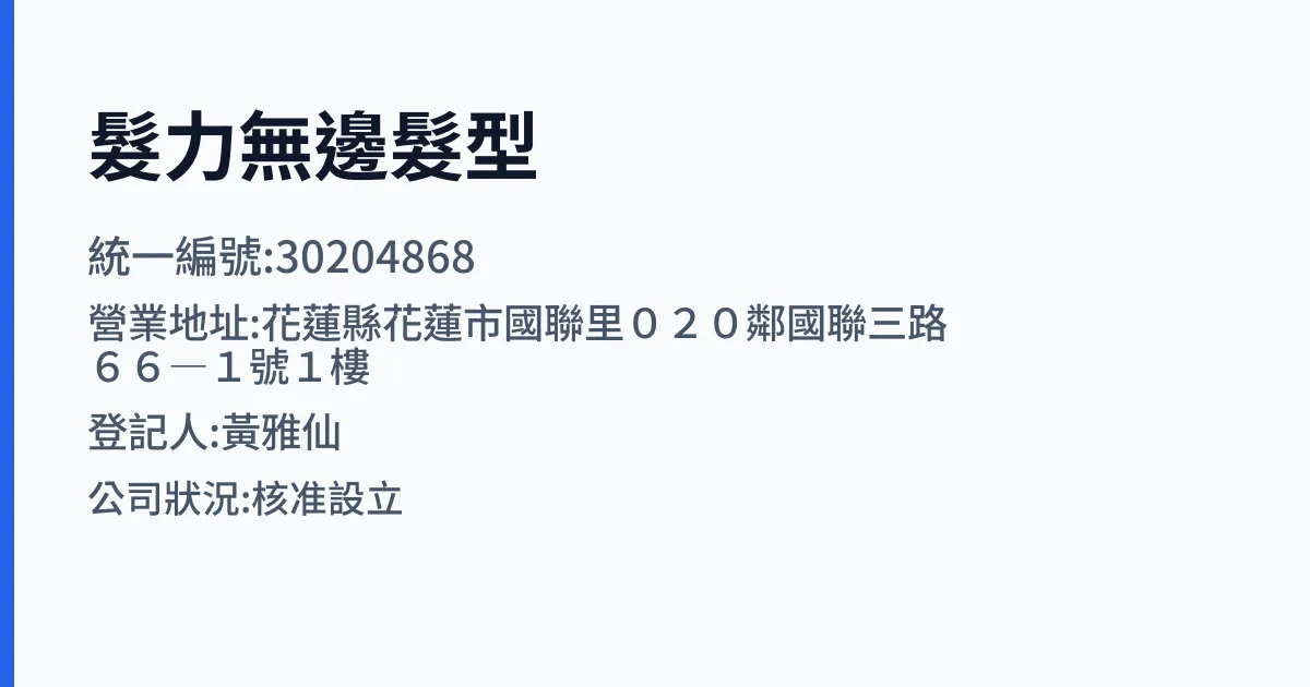 髮力無邊髮型 - 統編 30204868(花蓮縣) 公司登記資料與營業項目詳細圖表