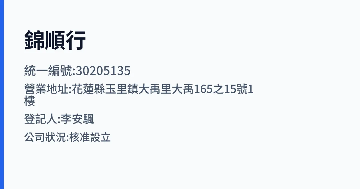 錦順行 - 統編 30205135(花蓮縣) 公司登記資料與營業項目詳細圖表