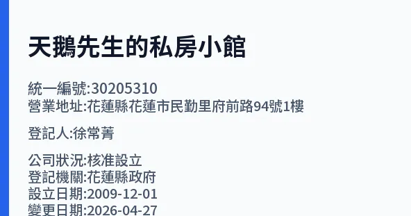 天鵝先生的私房小館的照片-統編 30205310(花蓮縣) 公司登記資料與營業項目詳細圖表