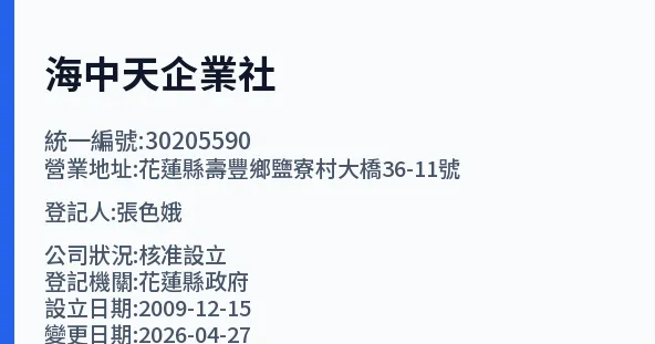 海中天企業社的照片-統編 30205590(花蓮縣) 公司登記資料與營業項目詳細圖表