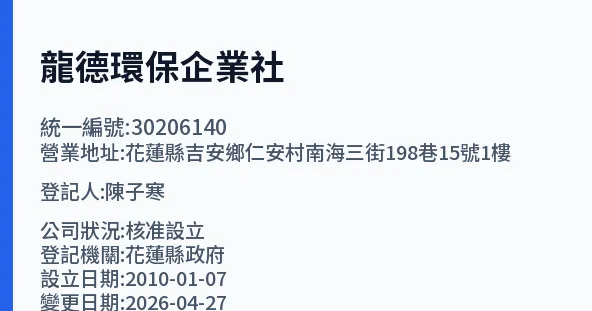 龍德環保企業社的照片-統編 30206140(花蓮縣) 公司登記資料與營業項目詳細圖表