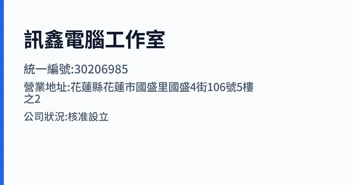 訊鑫電腦工作室 - 統編 30206985(花蓮縣) 公司登記資料與營業項目詳細圖表