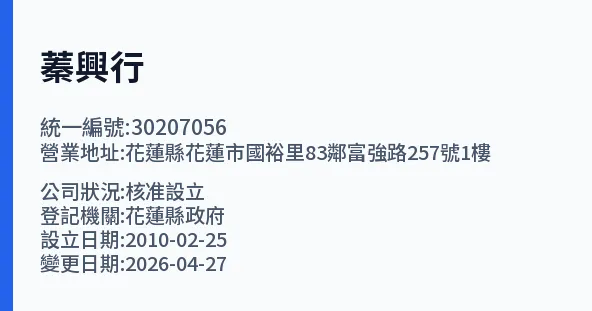 蓁興行的照片-統編 30207056(花蓮縣) 公司登記資料與營業項目詳細圖表