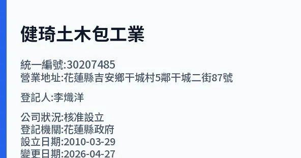 健琦土木包工業的照片-統編 30207485(花蓮縣) 公司登記資料與營業項目詳細圖表