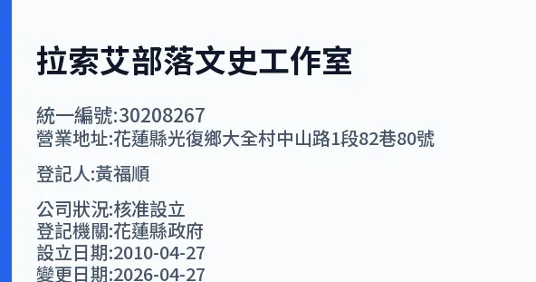 拉索艾部落文史工作室的照片-統編 30208267(花蓮縣) 公司登記資料與營業項目詳細圖表