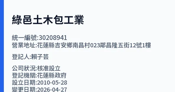 綠邑土木包工業的照片-統編 30208941(花蓮縣) 公司登記資料與營業項目詳細圖表