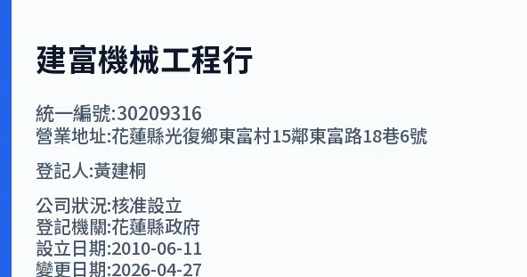 建富機械工程行的照片-統編 30209316(花蓮縣) 公司登記資料與營業項目詳細圖表