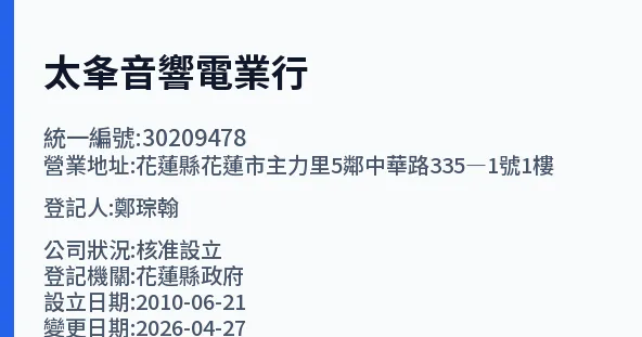 太夆音響電業行的照片-統編 30209478(花蓮縣) 公司登記資料與營業項目詳細圖表
